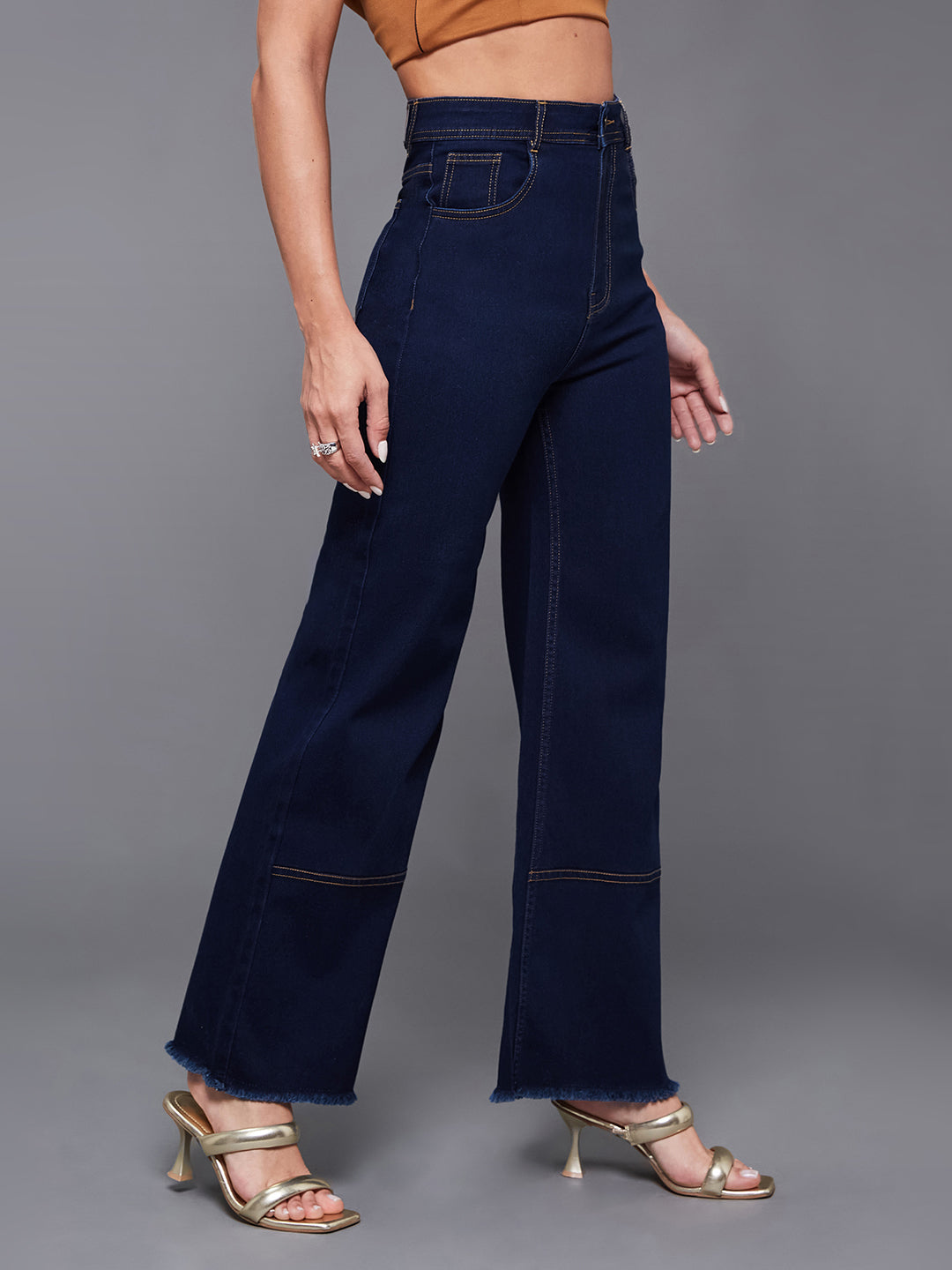 24/7 Comfort Navy-Blue Wide-Leg High-Rise Stretchable Denim Jeans for