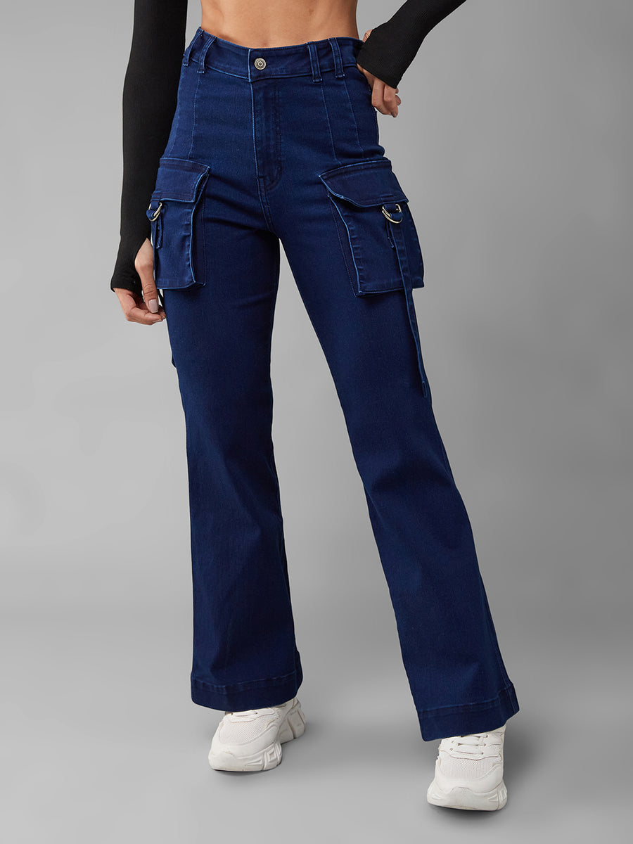 Women's Navy Blue Bootcut High rise Clean look Regular Stretchable Den ...